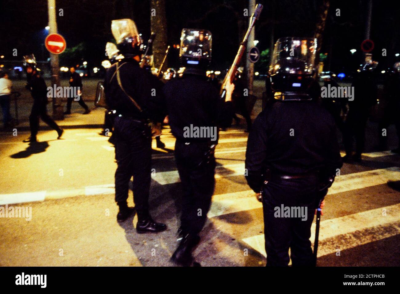 French riot police takes the street at night, Lyon, France, 90ies Stock ...