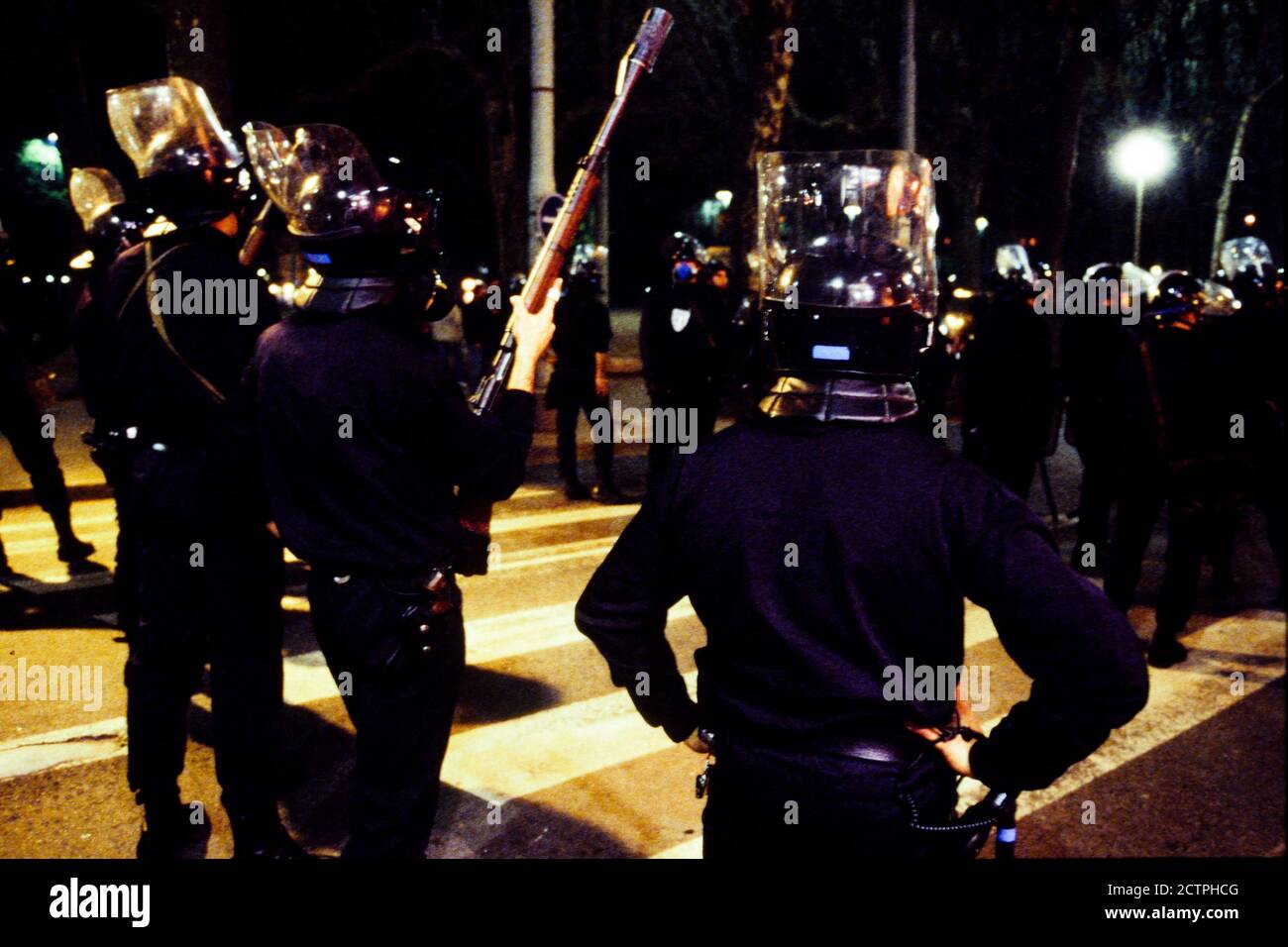 French riot police takes the street at night, Lyon, France, 90ies Stock ...
