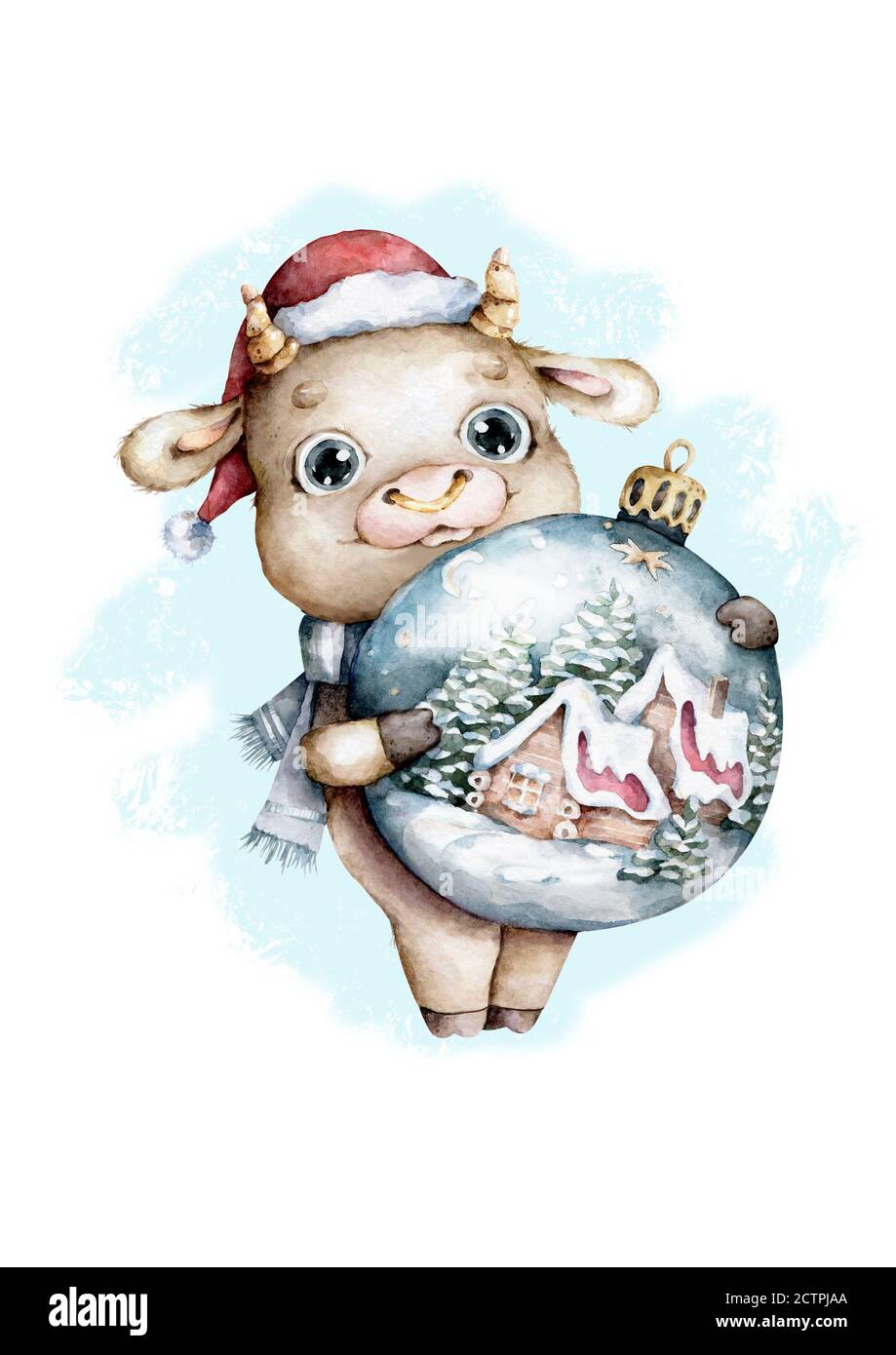 Cute Cartoon Bull in Santa hat with toy. Hand drawn watercolor ...