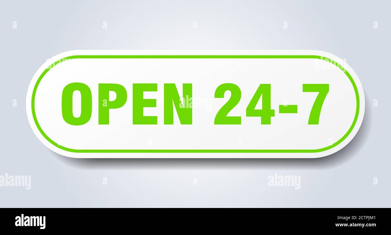 open 24 7 sign. rounded isolated sticker. white button Stock Vector ...