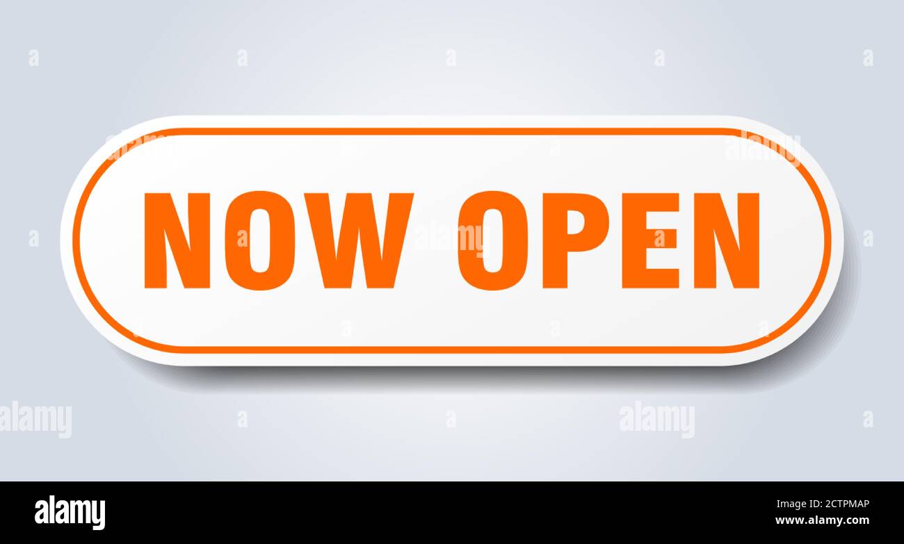 now open sign. rounded isolated sticker. white button Stock Vector ...