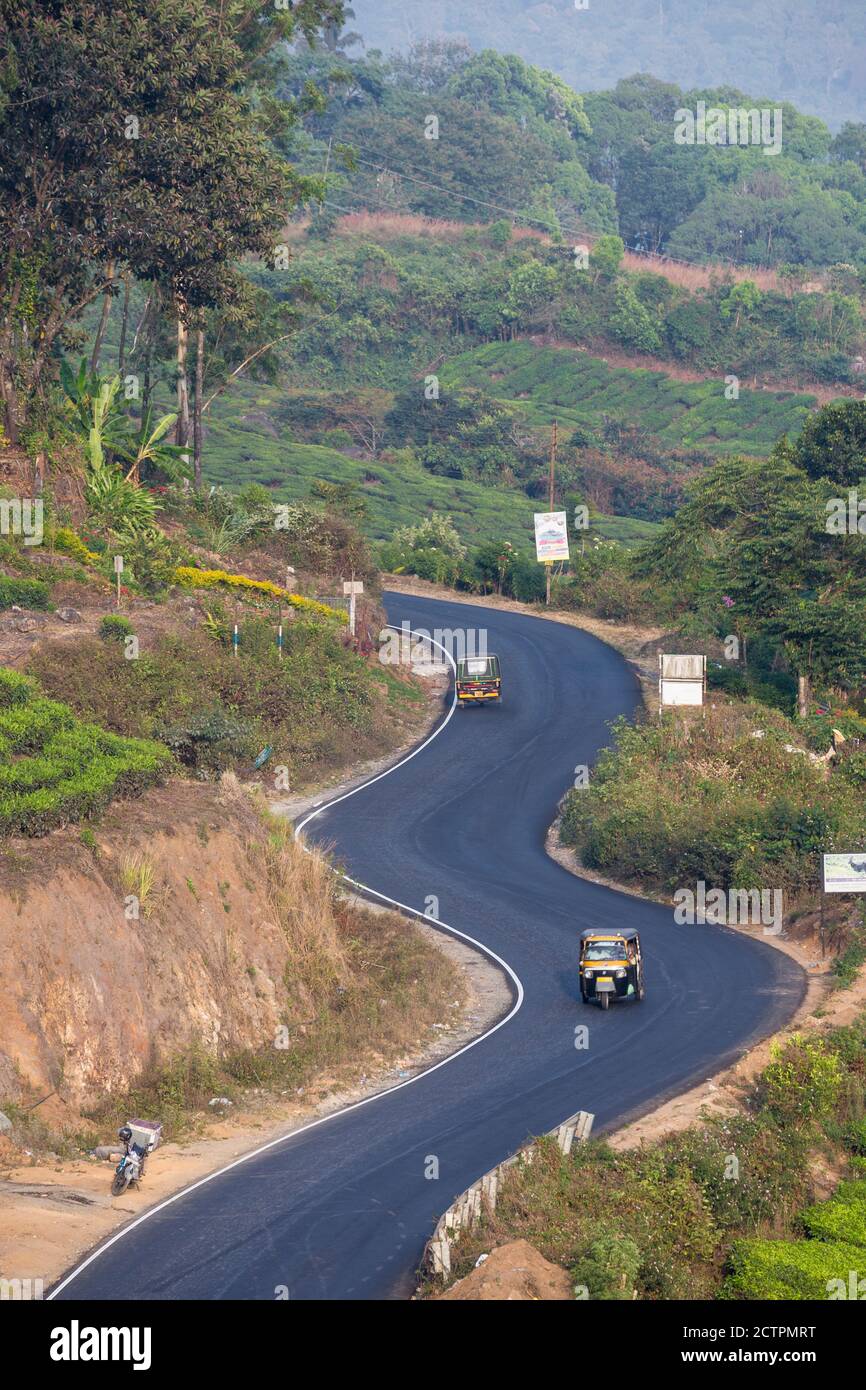 India, Kerala, Munnar, Road winding through Munnar tea estates Stock ...