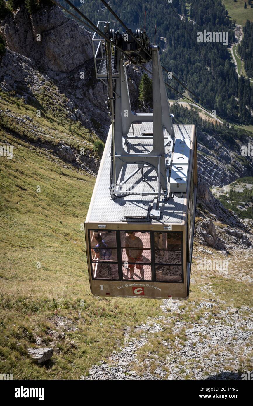 The Seceda cable car nears the top station, Val Gardena, Italy Stock ...