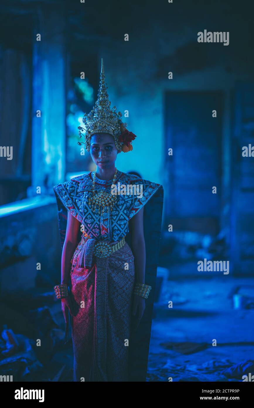 Ancient Thai ghost in traditional costume that appear in History, woman ...