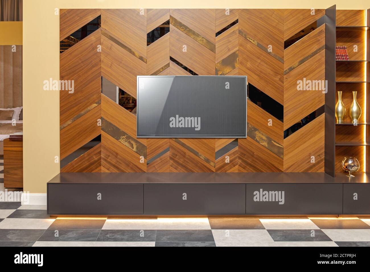 Lcd TV Screen at Modern Wooden Shelf Stock Photo - Alamy