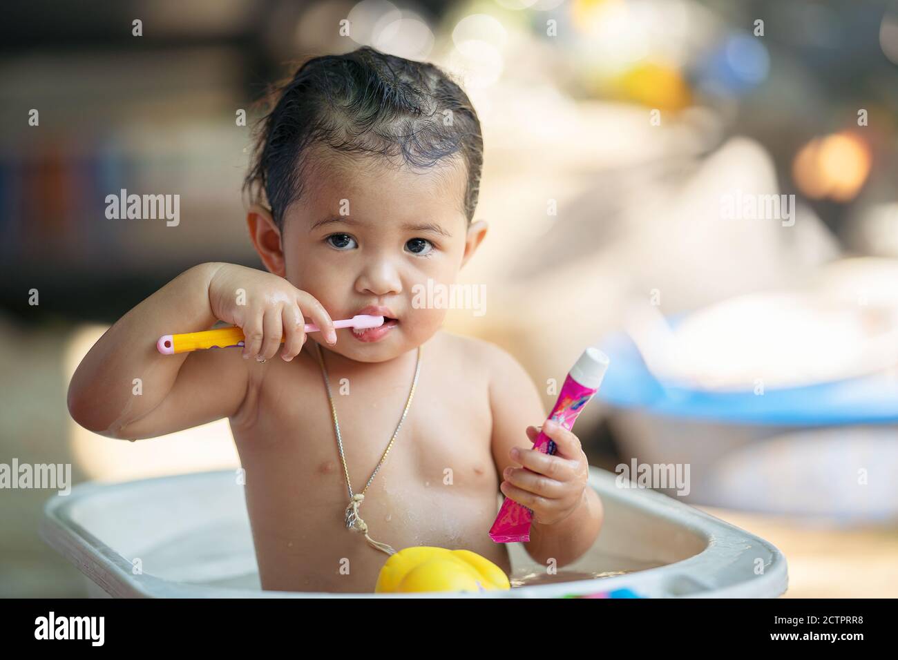 Dental hygiene. Asian cute girl or kid brushing her teeth by toothbrush ...