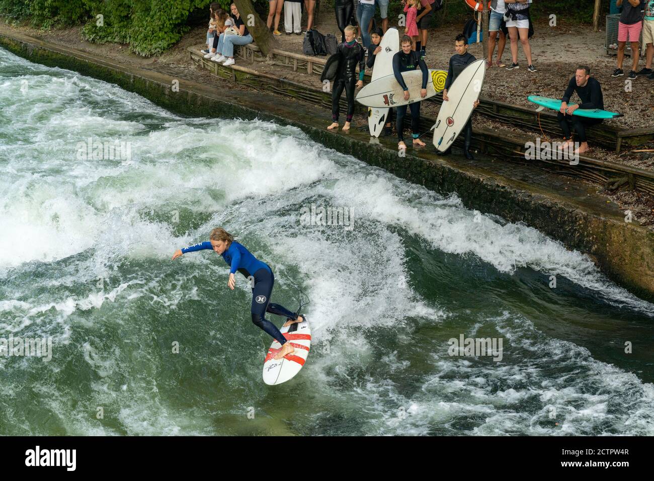 Munich, Bavaria / Germany - 17 September 2020: woman surfing the ...
