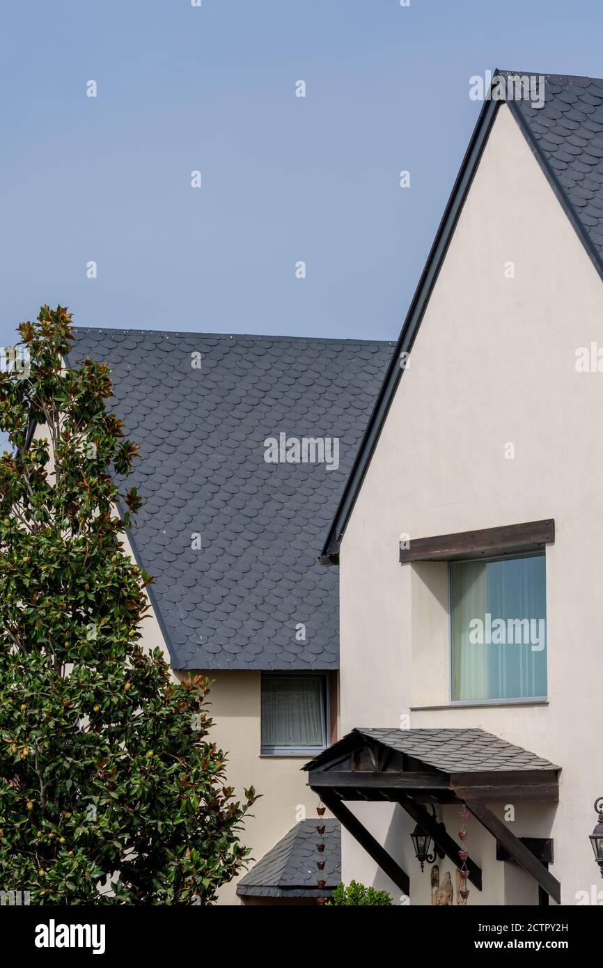 Exterior view of a slate roof residential house with a large magnolia ...