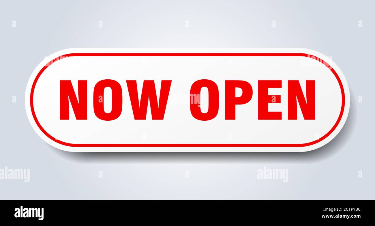 now open sign. rounded isolated sticker. white button Stock Vector ...