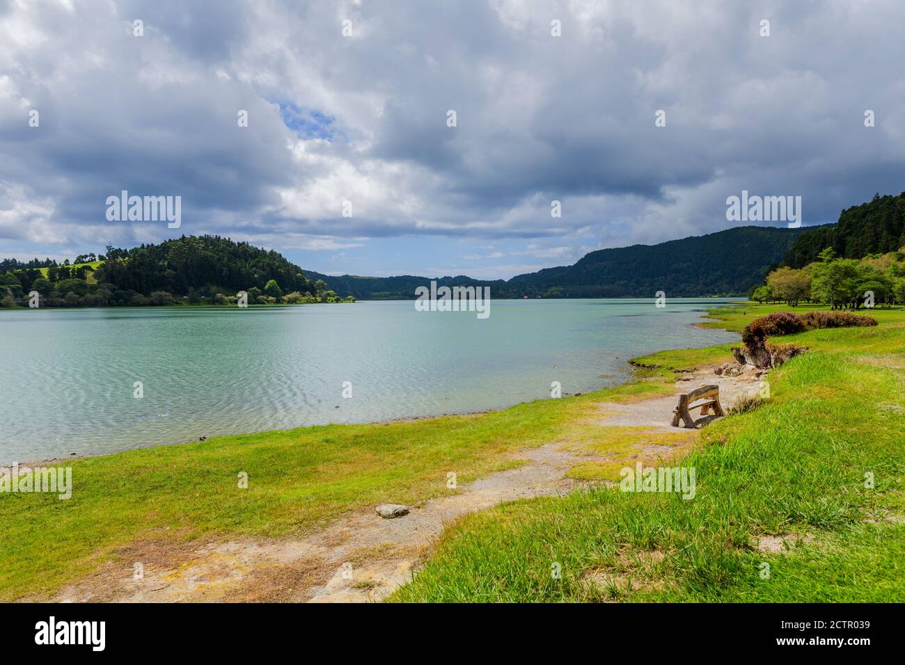 Scenic view of Furnas lake in Sao Miguel island, Azores, Portugal. An ...