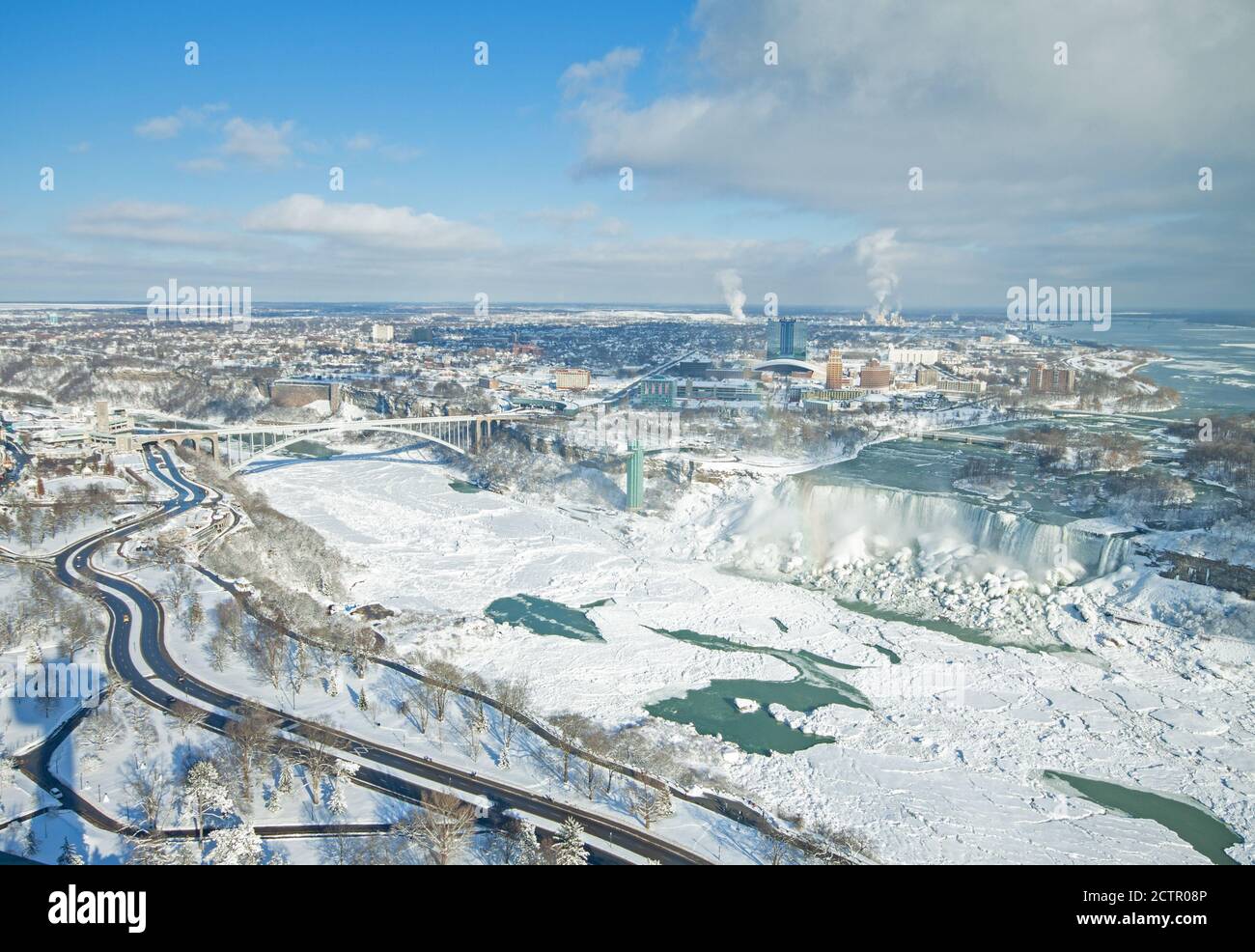 Niagara American Falls and Niagara River are almost frozen in the cold ...