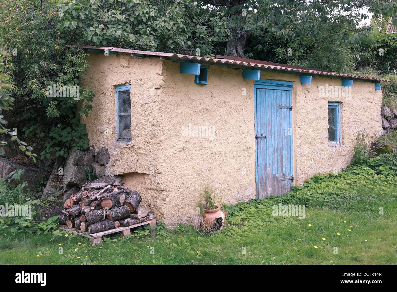 Shed with Blue Doors in Garden, Bornholm, Denmark Stock Photo - Alamy