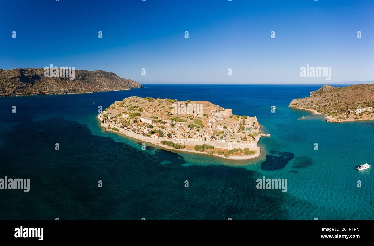 Aerial view of the historic former leper colony of Spinalonga on the ...