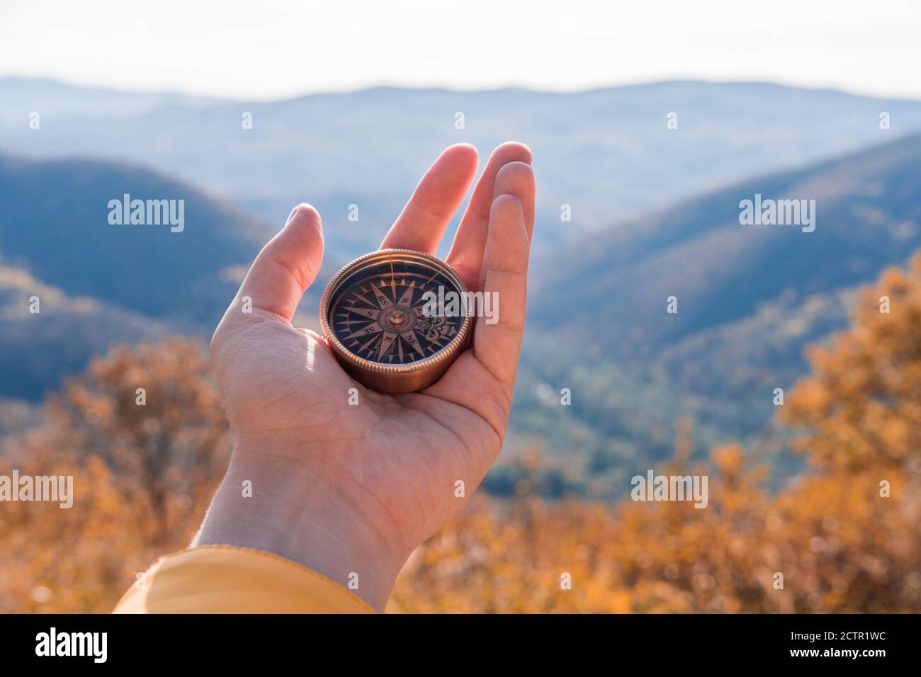 Female hand of traveler, hiker with compass on background autumn forest ...