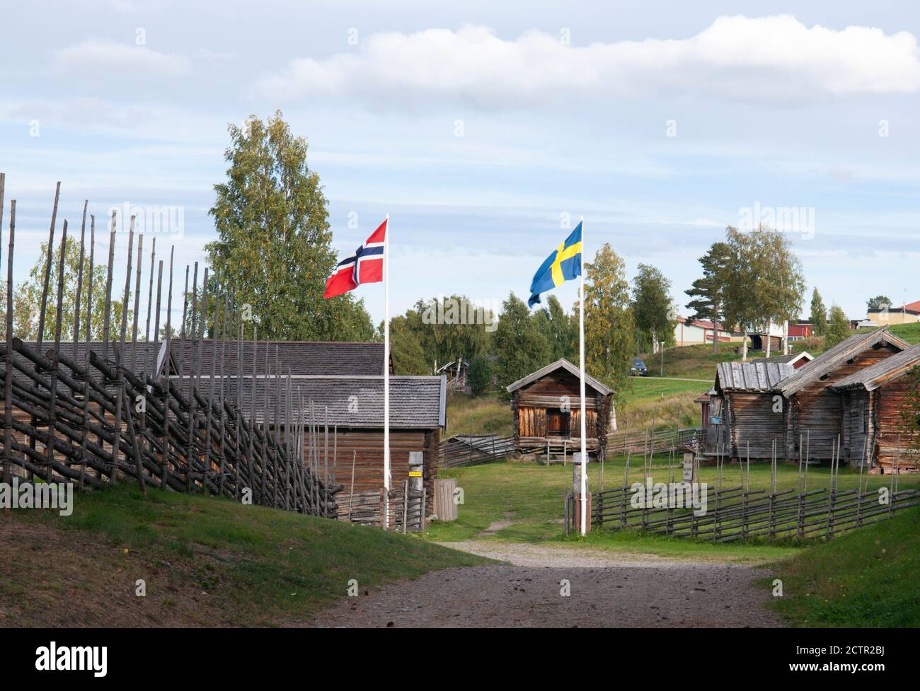View of wooden buildings in an outdoor, public museum. Ancient ...