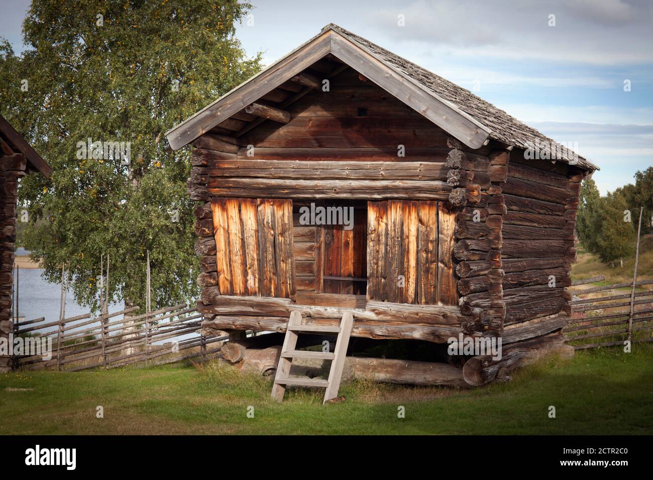 Close up view of wooden building in an outdoor public museum. Ancient ...