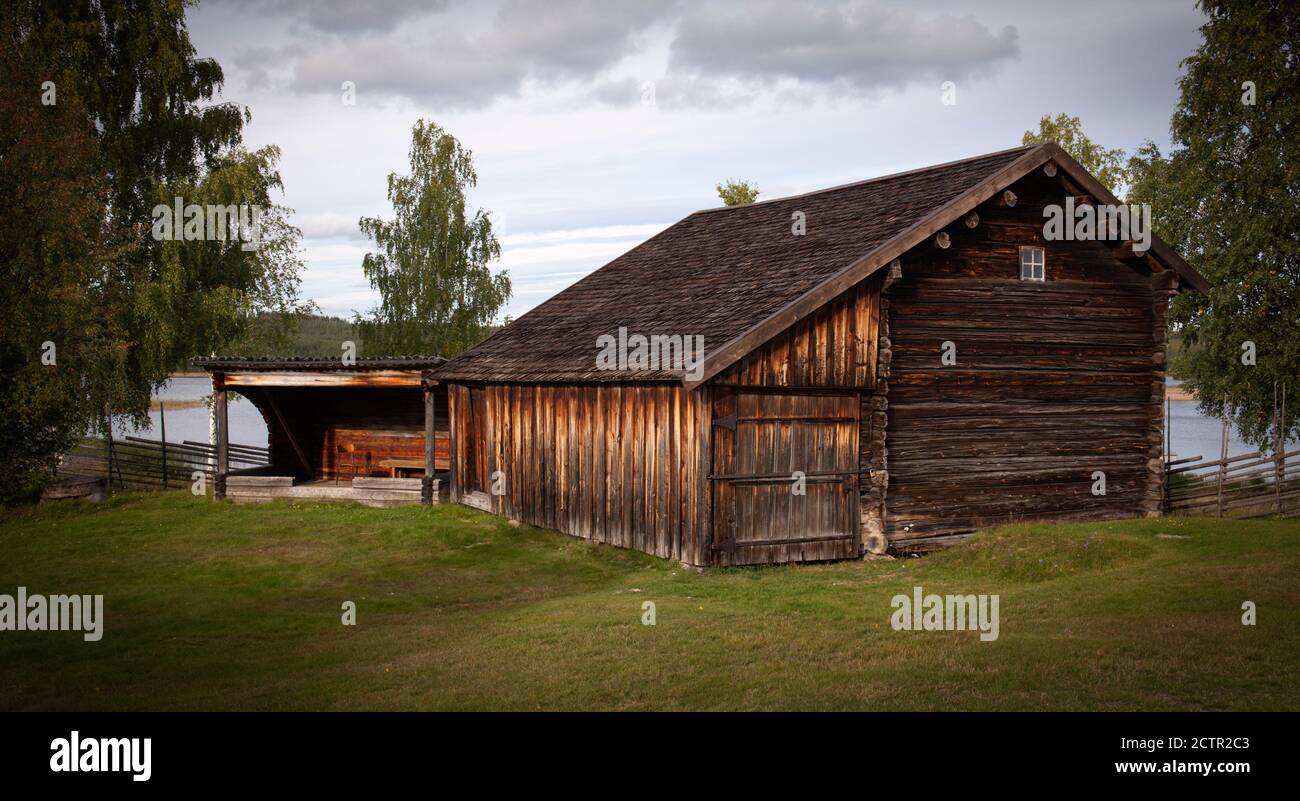 Close up view of wooden building in an outdoor public museum. Ancient ...