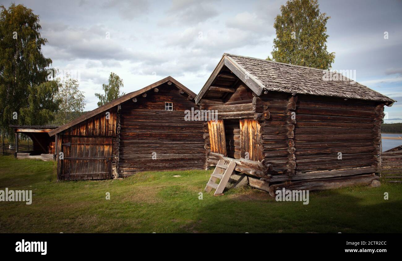 Close up view of wooden building in an outdoor public museum. Ancient ...
