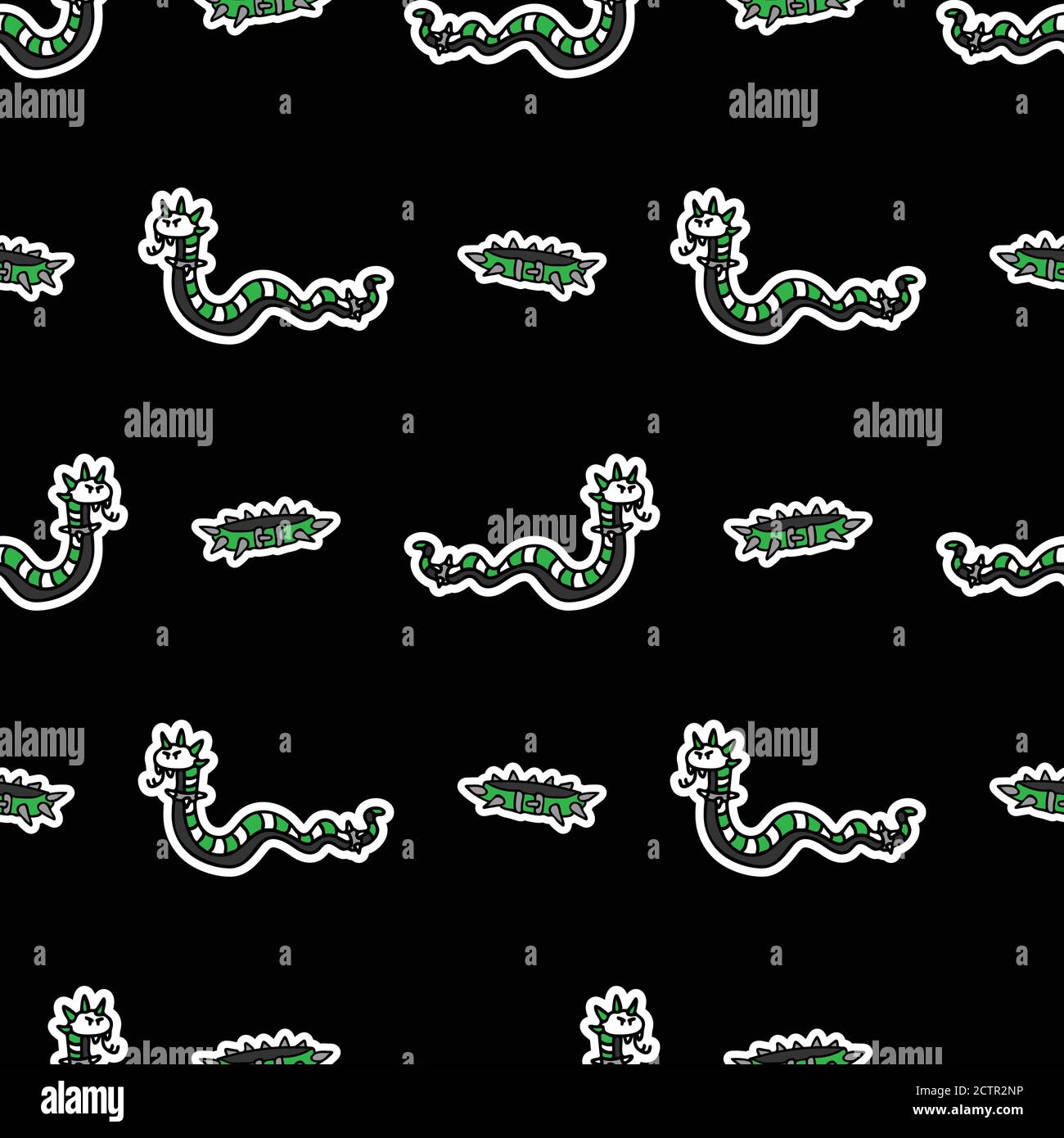 Cute punk rock snake on black background vector pattern. Grungy ...