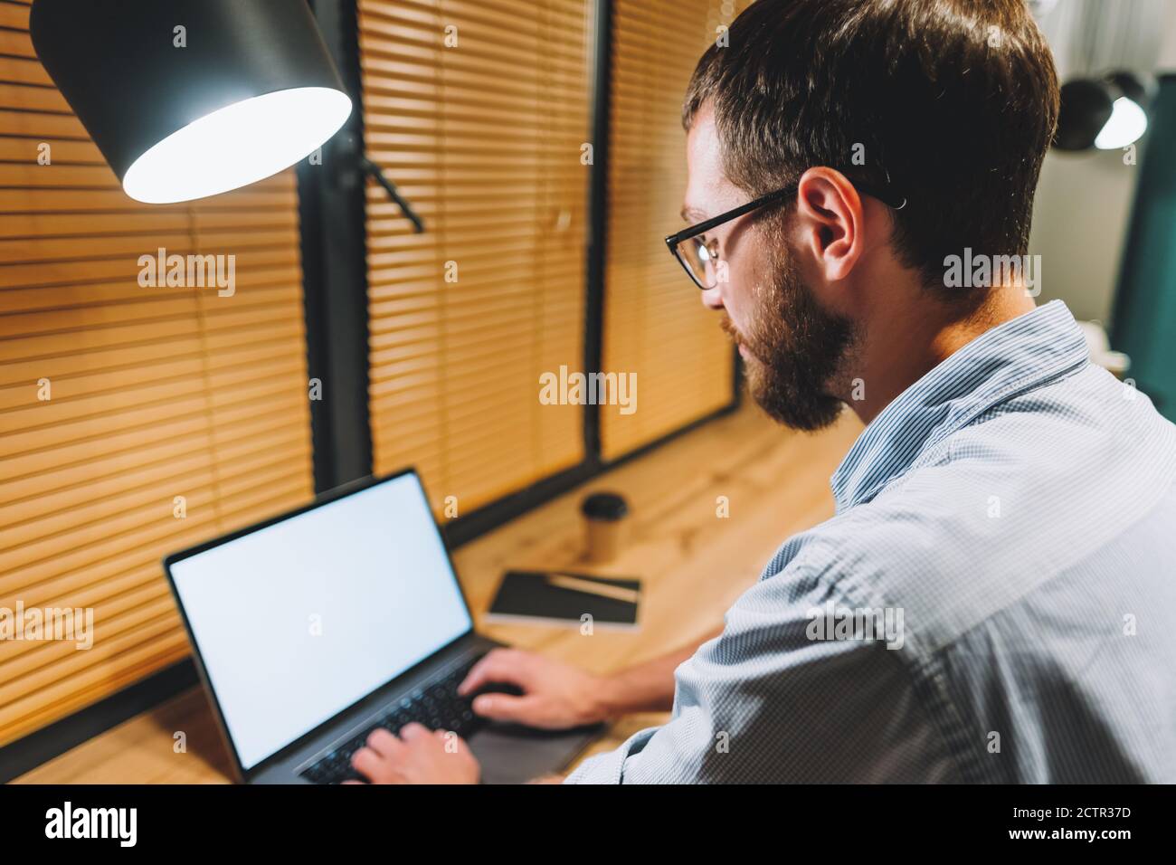 Young caucasian bearded man work at home, freelance work, use laptop ...