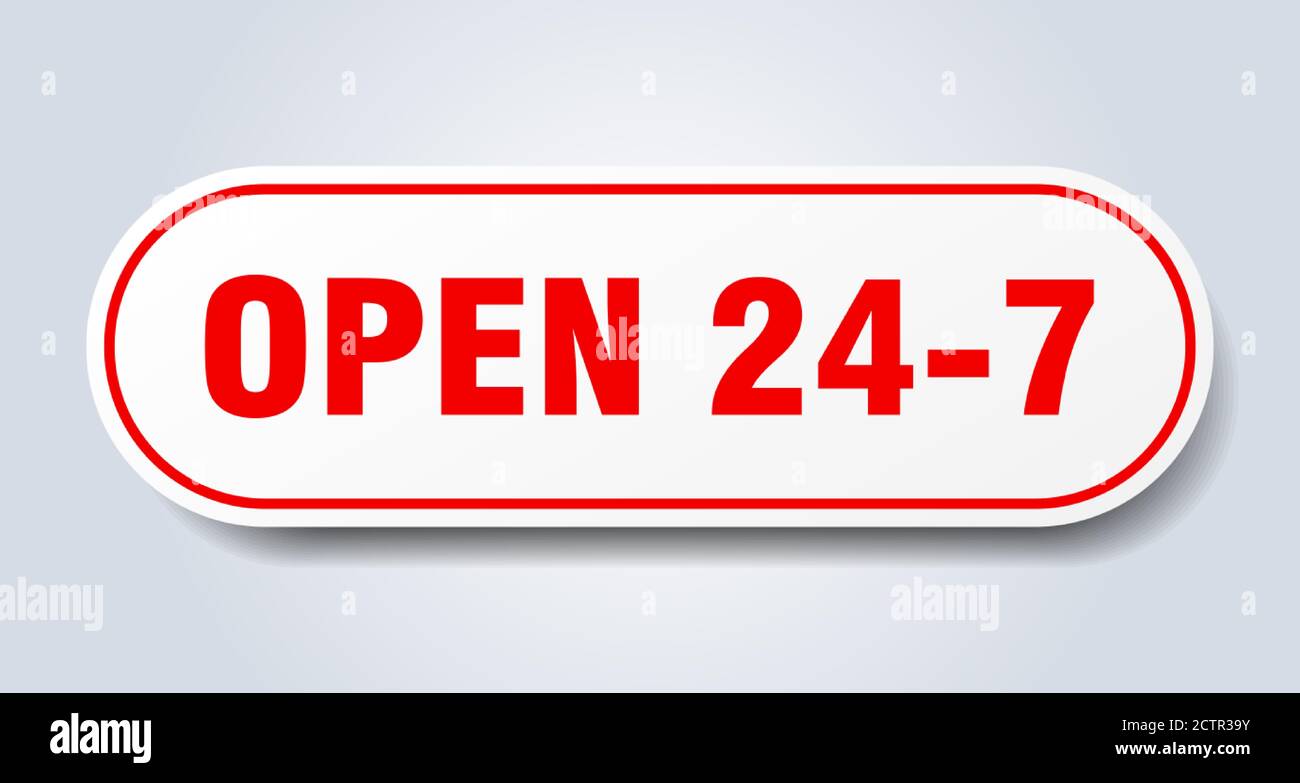 open 24 7 sign. rounded isolated sticker. white button Stock Vector ...