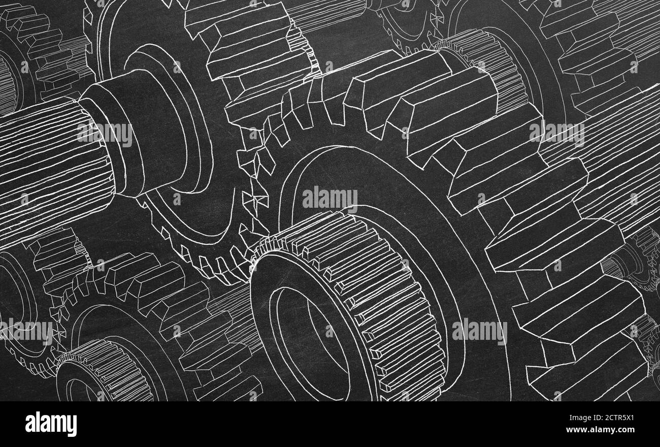 Hand drawing on blackboard gear transmission Stock Photo - Alamy
