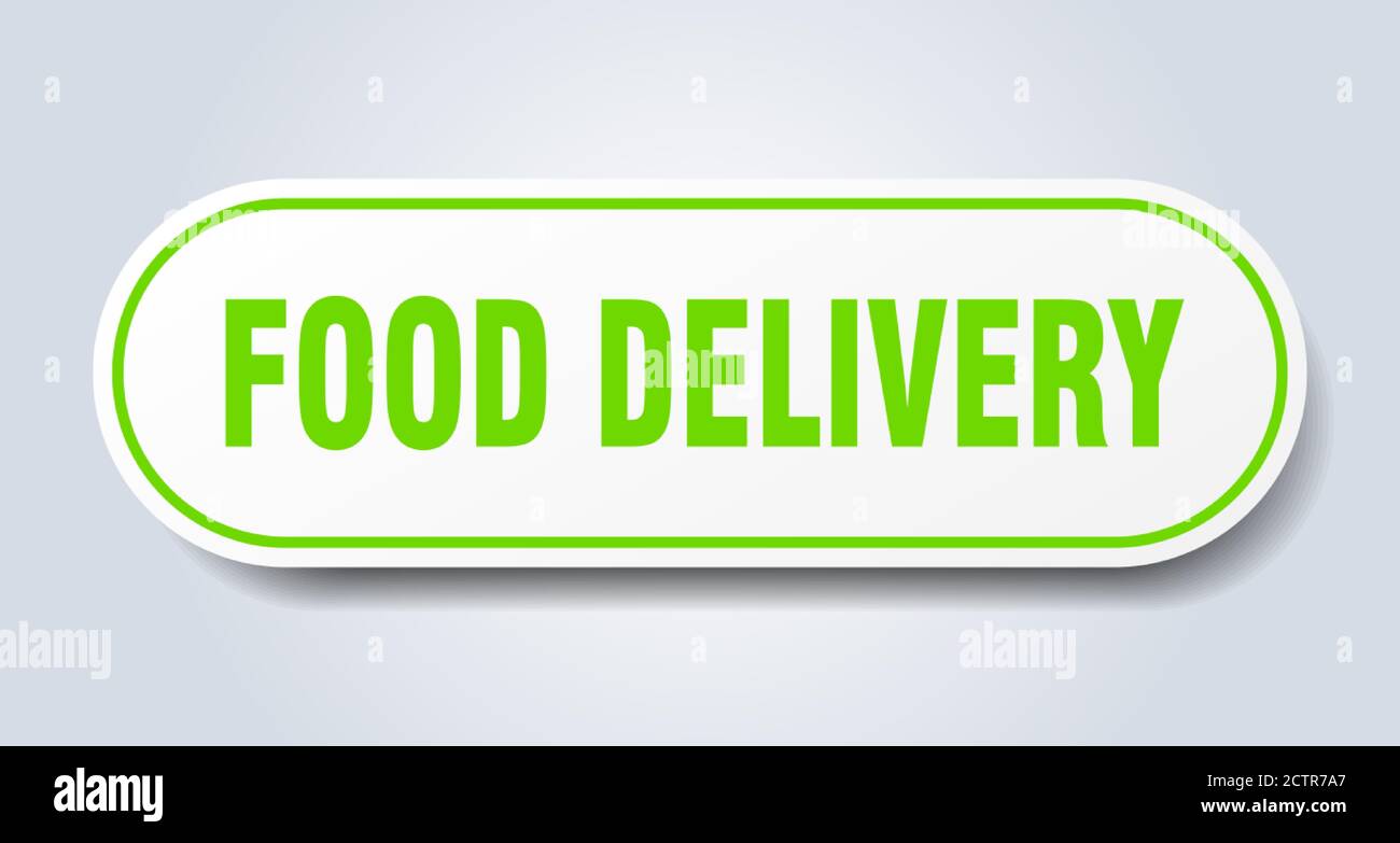 food delivery sign. rounded isolated sticker. white button Stock Vector ...