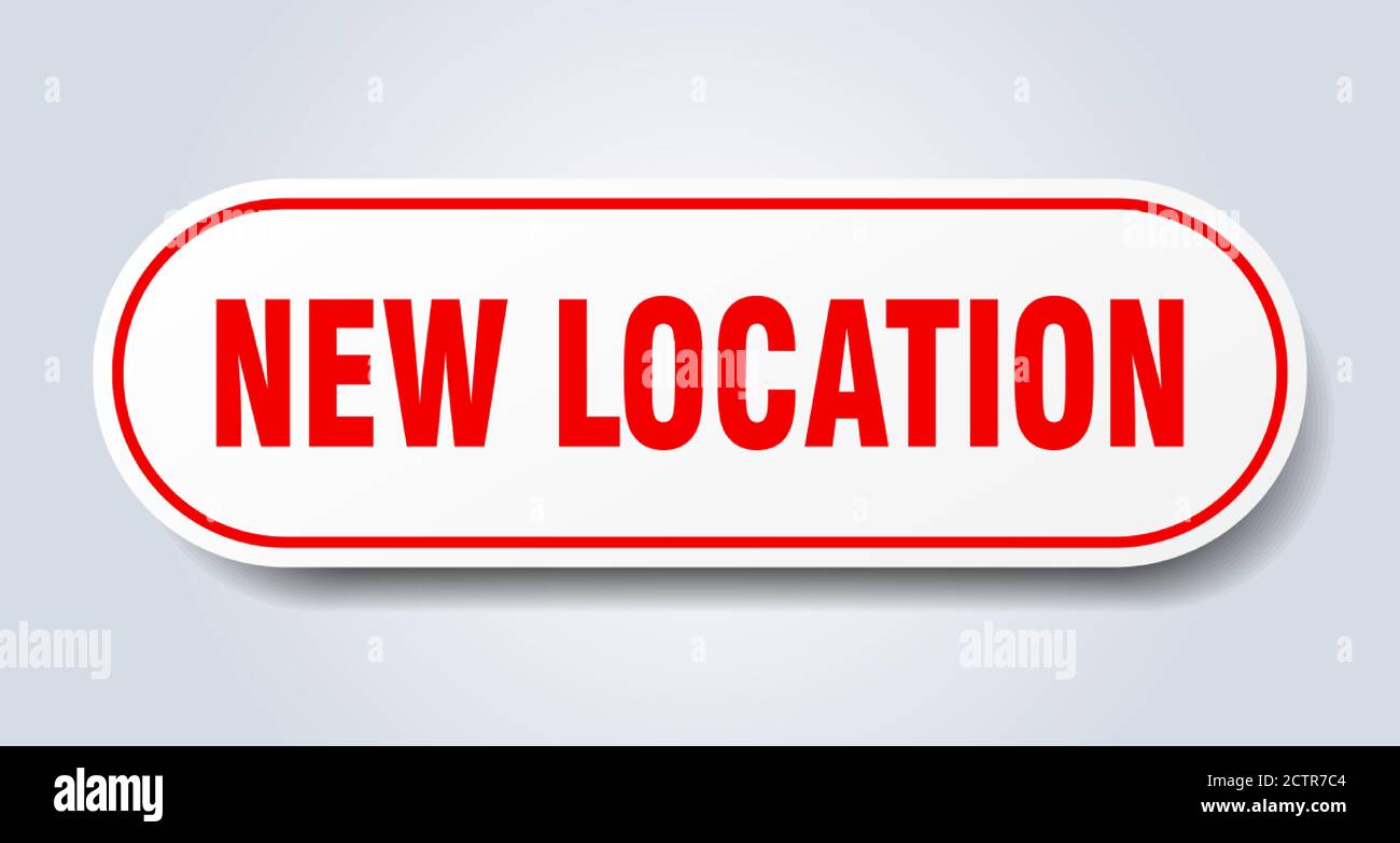 new location sign. rounded isolated sticker. white button Stock Vector ...