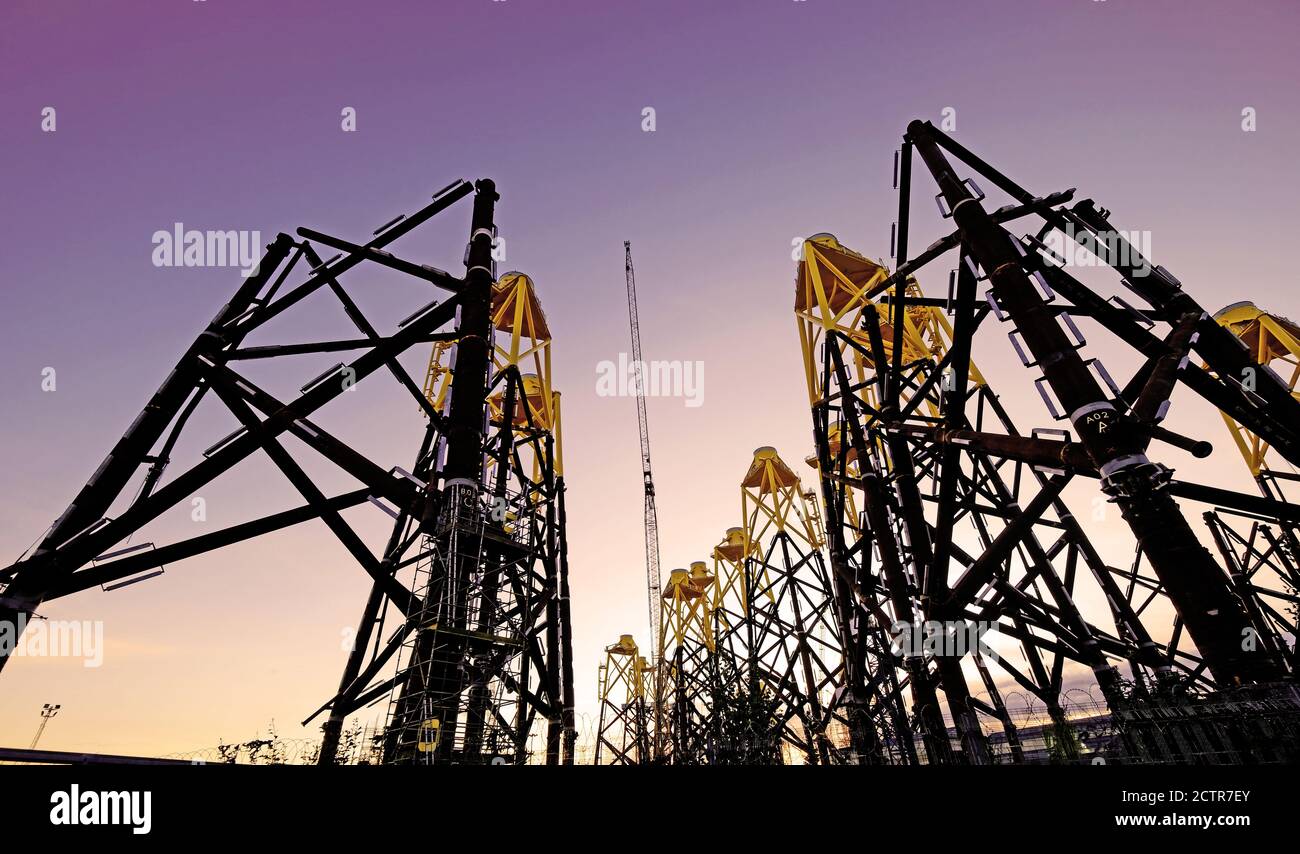 Wind turbine base units at sunset being constructed at Smulders Howdon ...