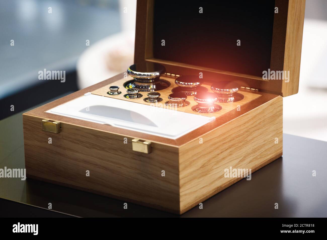 Set of standard weight in box for calibration process quality control ...