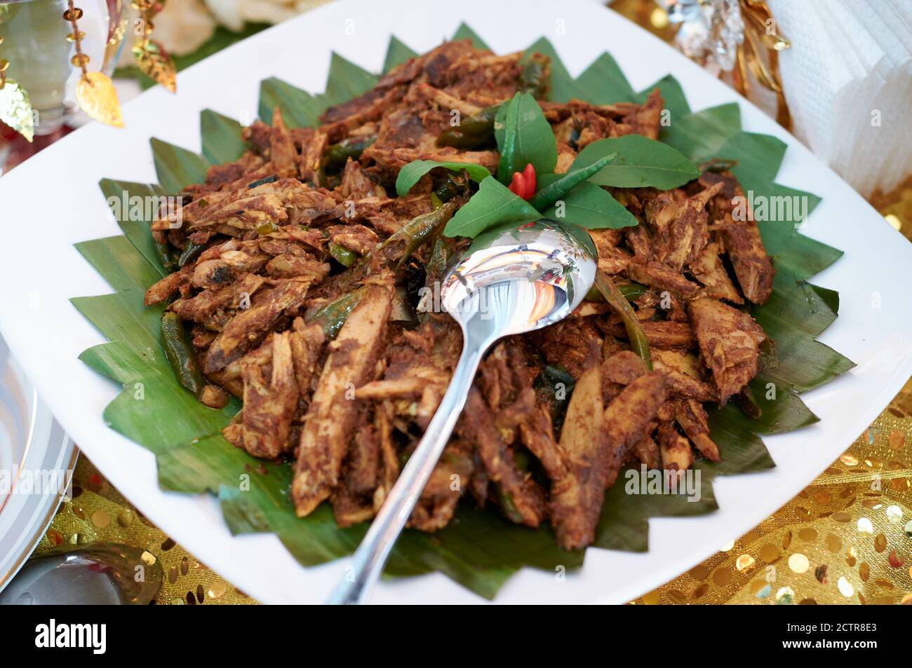 Smoked dry fish with spicy seasoning. Asian Traditional seafood menu ...