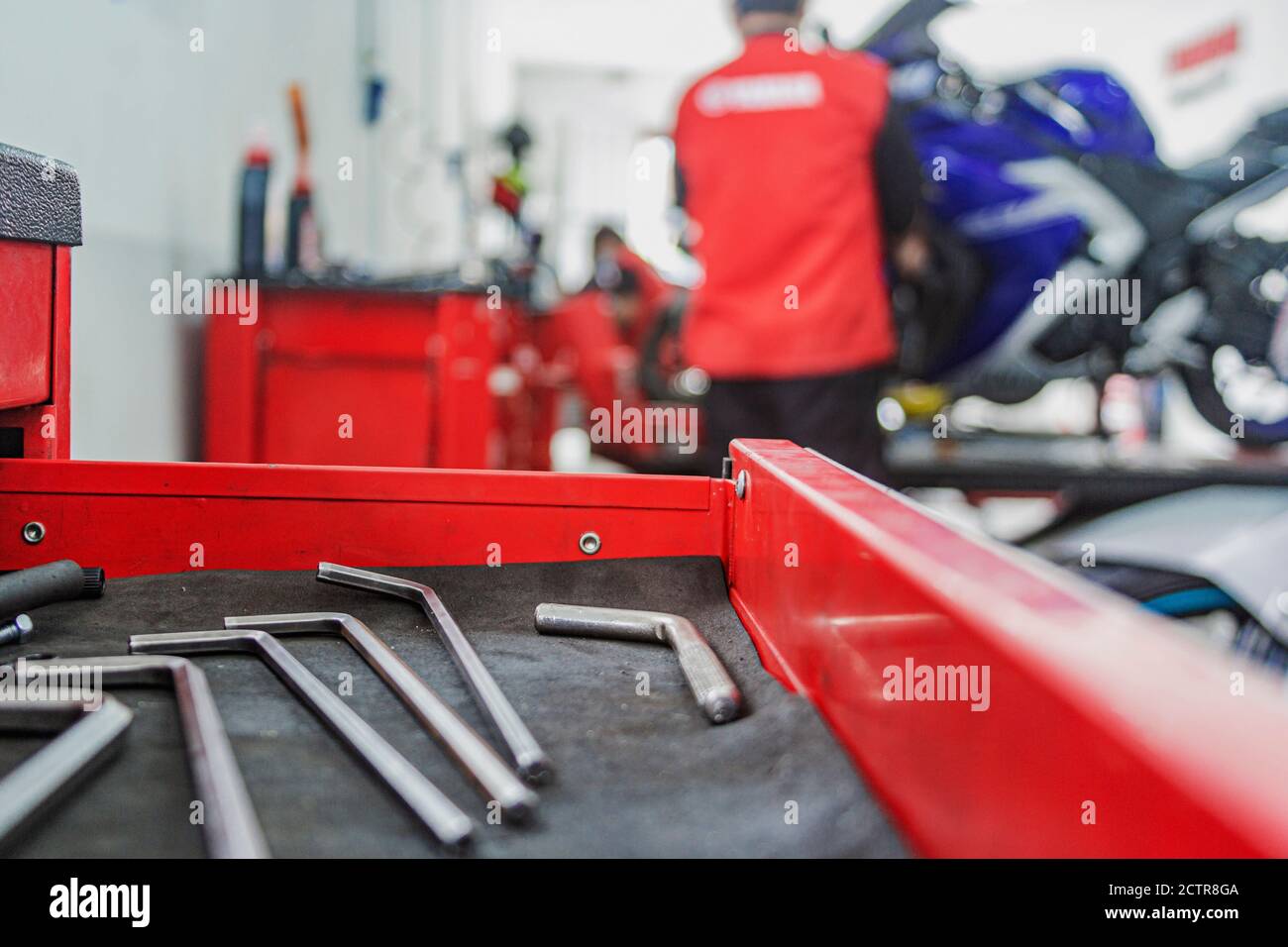 Motorcycle mechanics workshop, professional tools, selective focus ...
