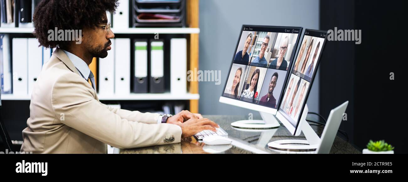 Video Conference Business Call. African Conferencing On Computer Stock ...