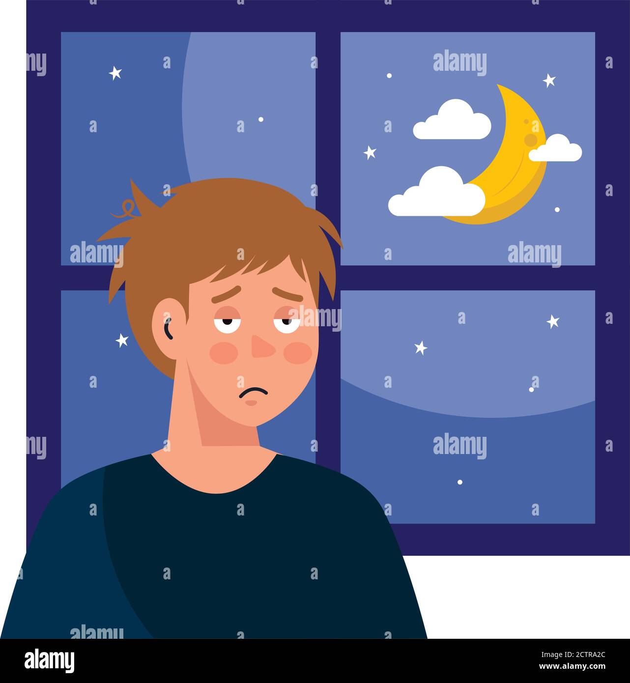 man cartoon with insomnia in front of window with moon vector design ...