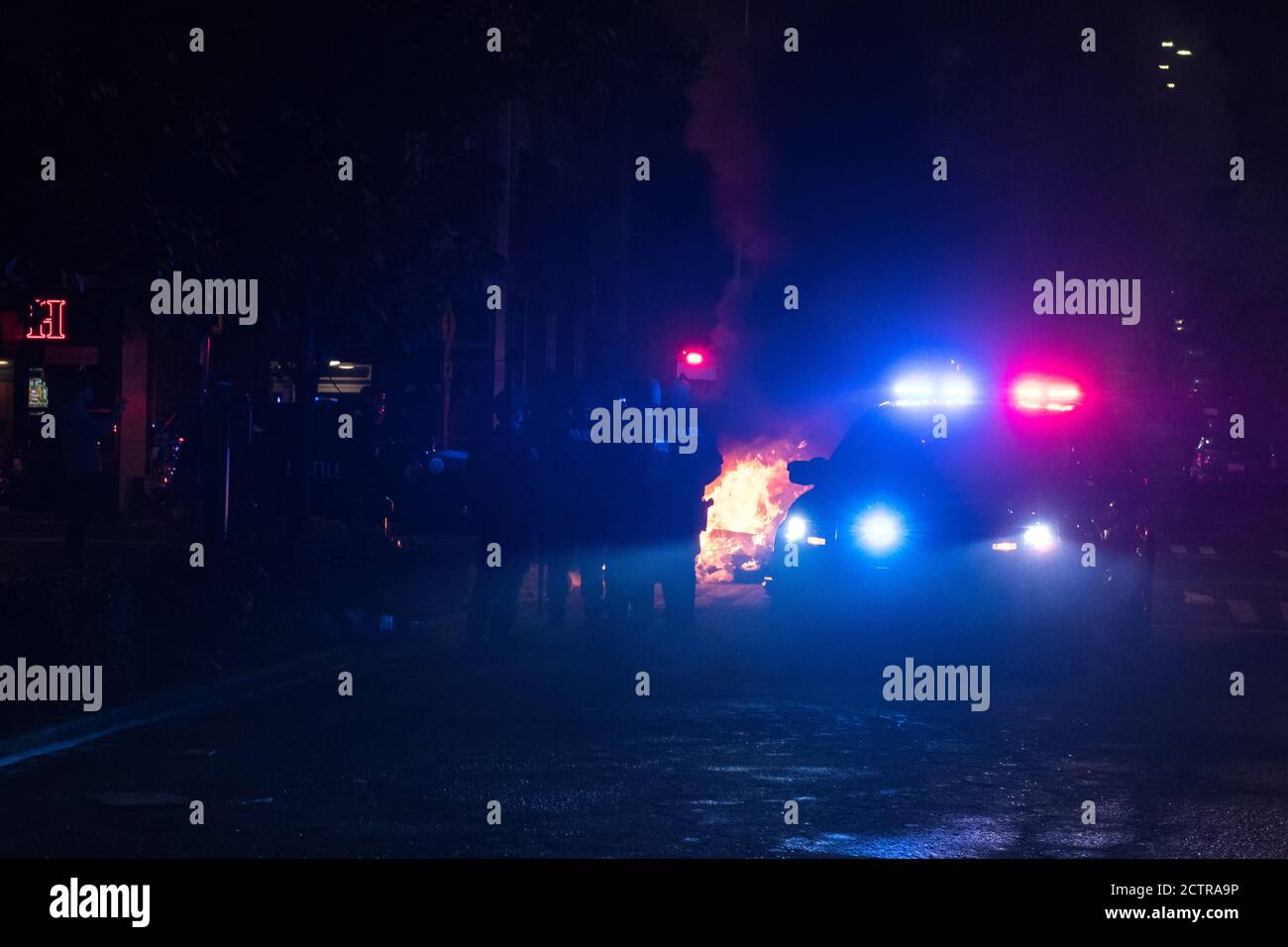 Seattle, USA - Sep - 23, 2020: Police at a dumpster fire on Pike street ...