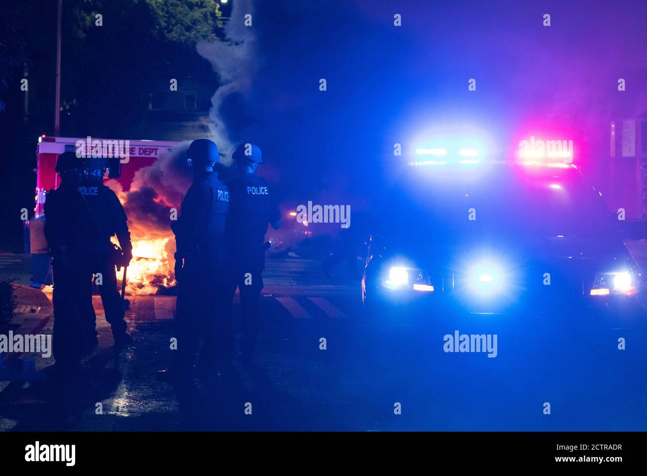 Seattle, USA - Sep - 23, 2020: Police at a dumpster fire on Pike street ...