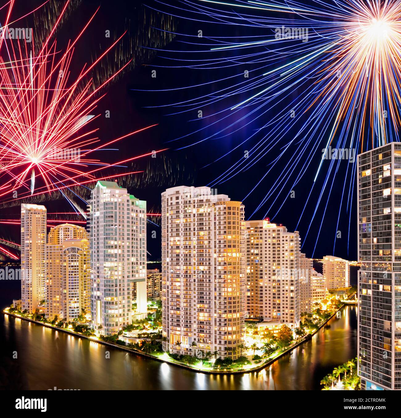 Spectacular Fireworks behind the high-rise buildings on Brickell Key ...