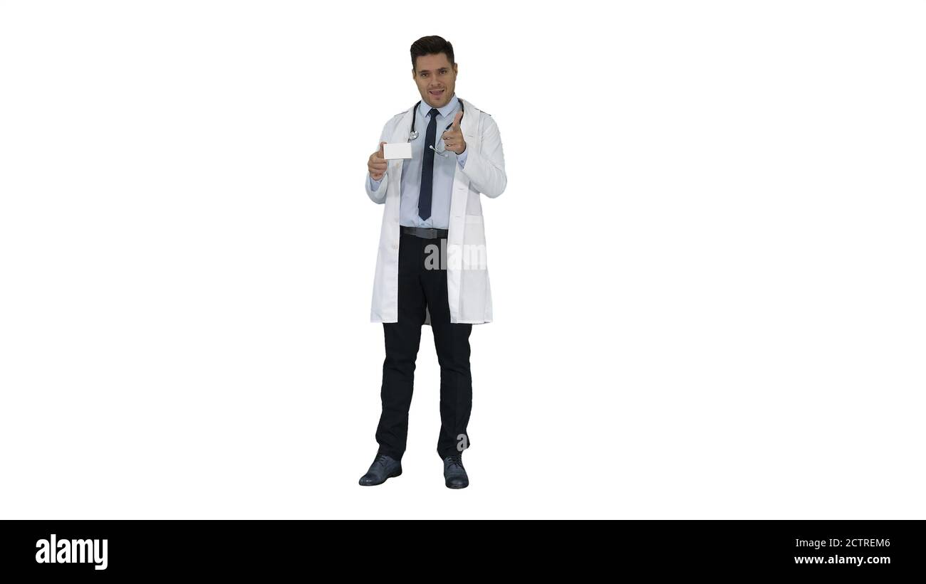 Doctor talking to camera presenting new medicine on white background ...