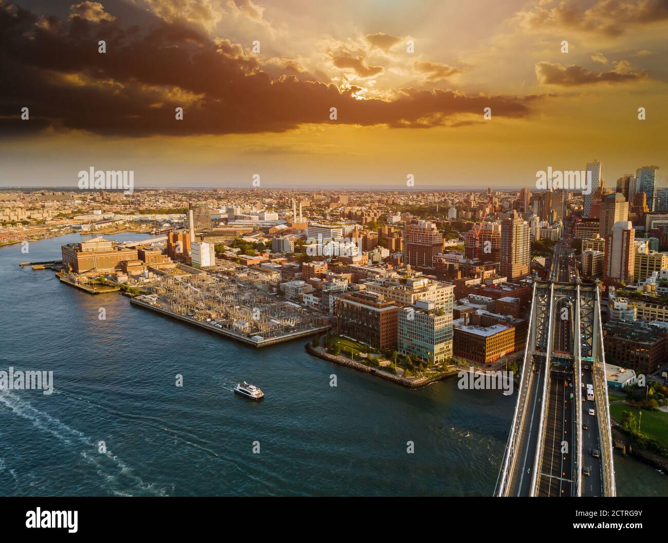 Aerial view of on over Brooklyn, New York over Hudson River near the ...
