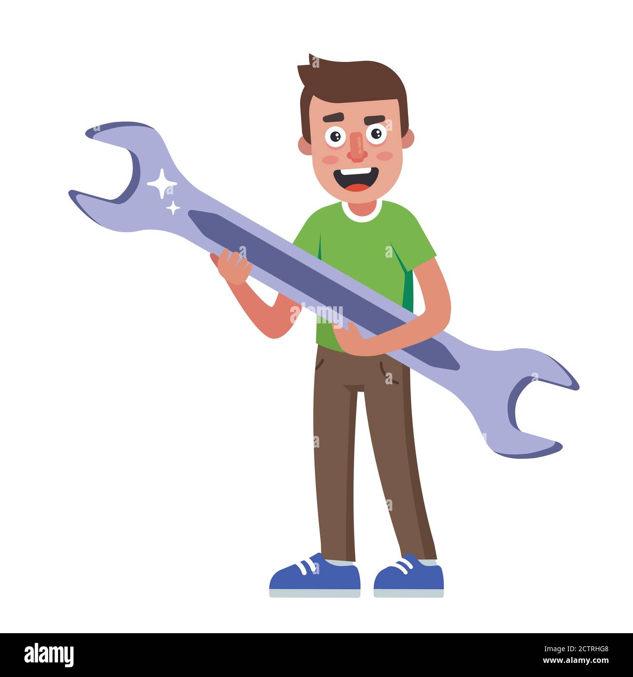 repairman man with a wrench. flat vector character illustration ...