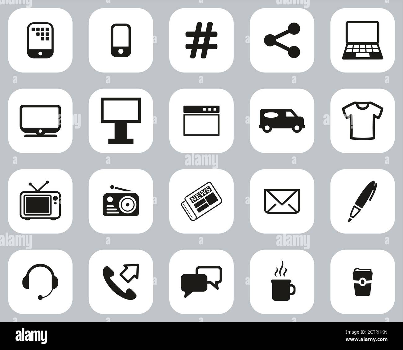 Advertising Media Icons Black & White Flat Design Set Big Stock Vector ...