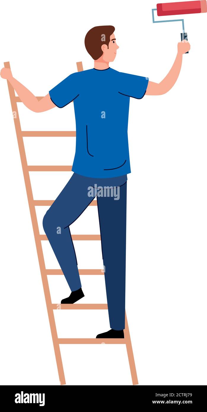 man cartoon with construction paint roll on ladder vector design Stock ...