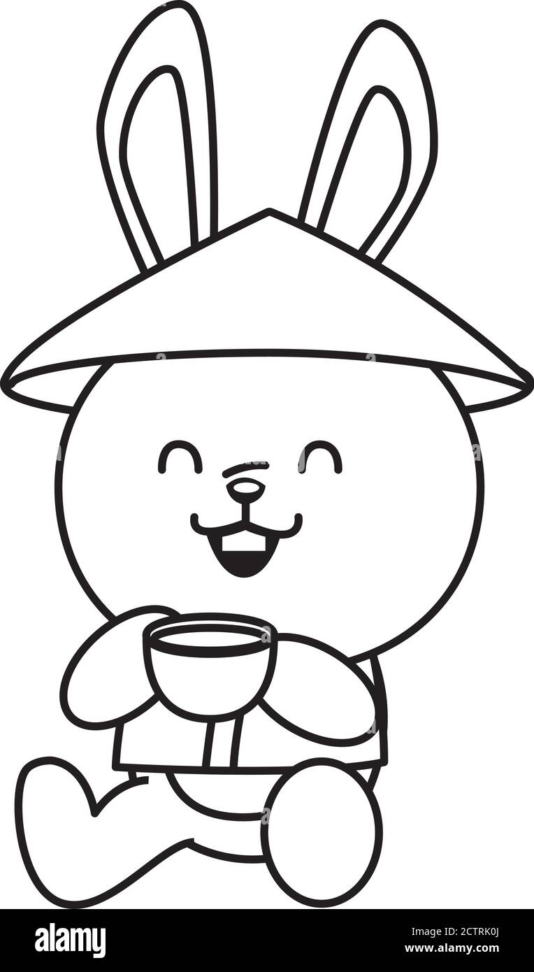 cute mid autumn rabbit with chinese hat drinking tea line style ...