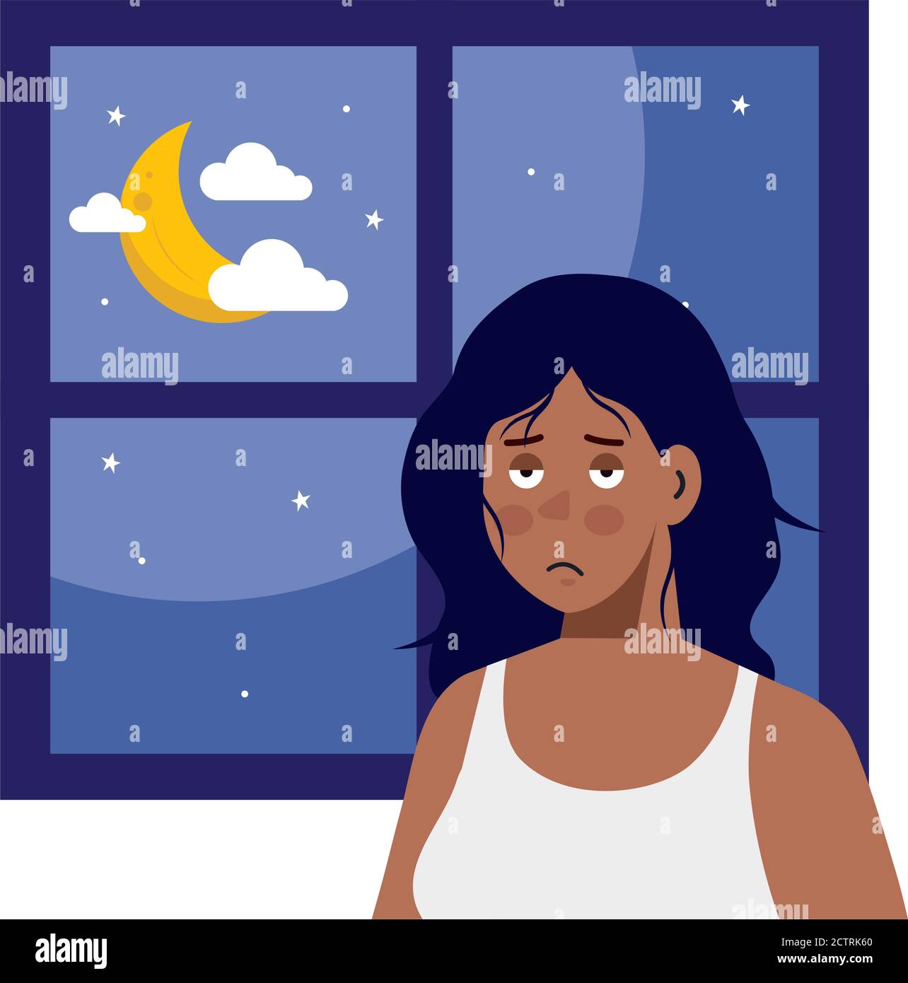 woman cartoon with insomnia in front of window with moon vector design ...