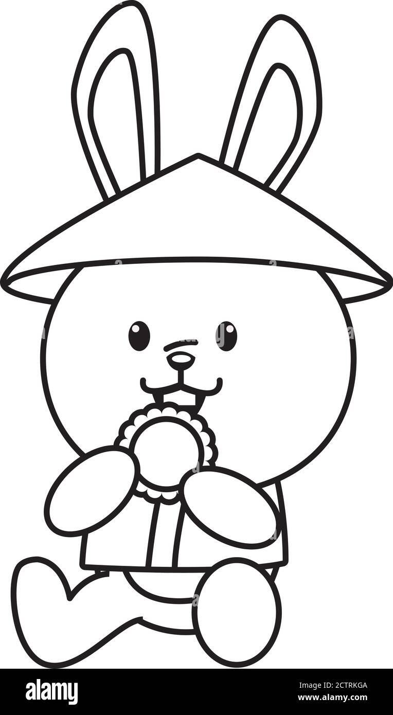 cute mid autumn rabbit with chinese hat eating cookie line style ...