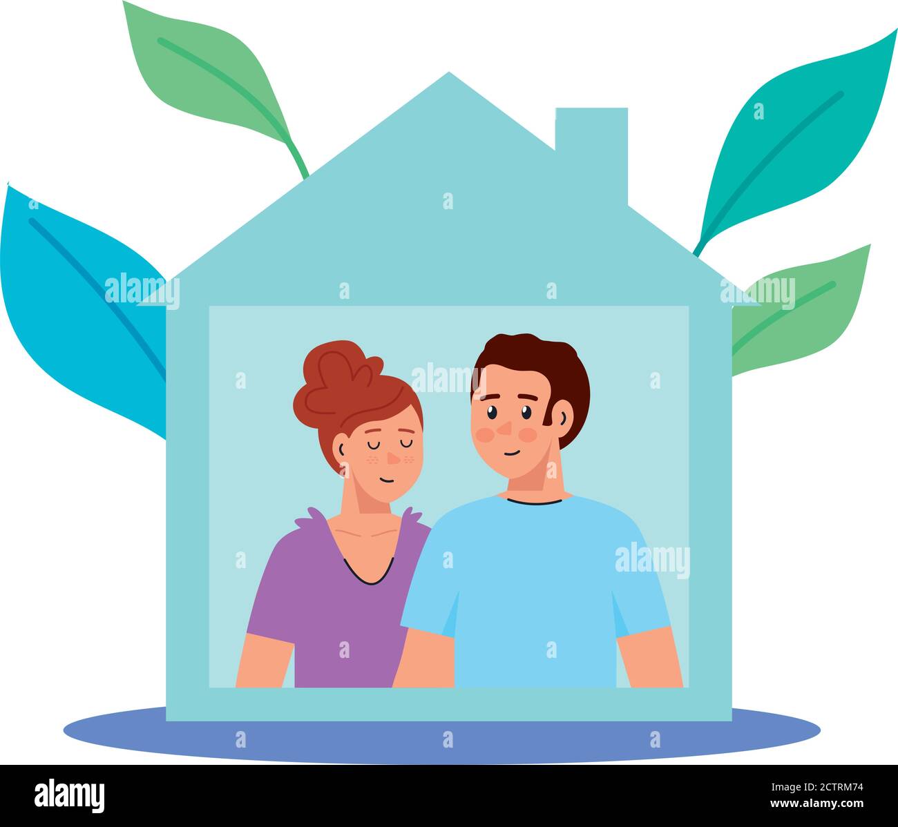 woman and man cartoons stay at home with leaves vector design Stock ...