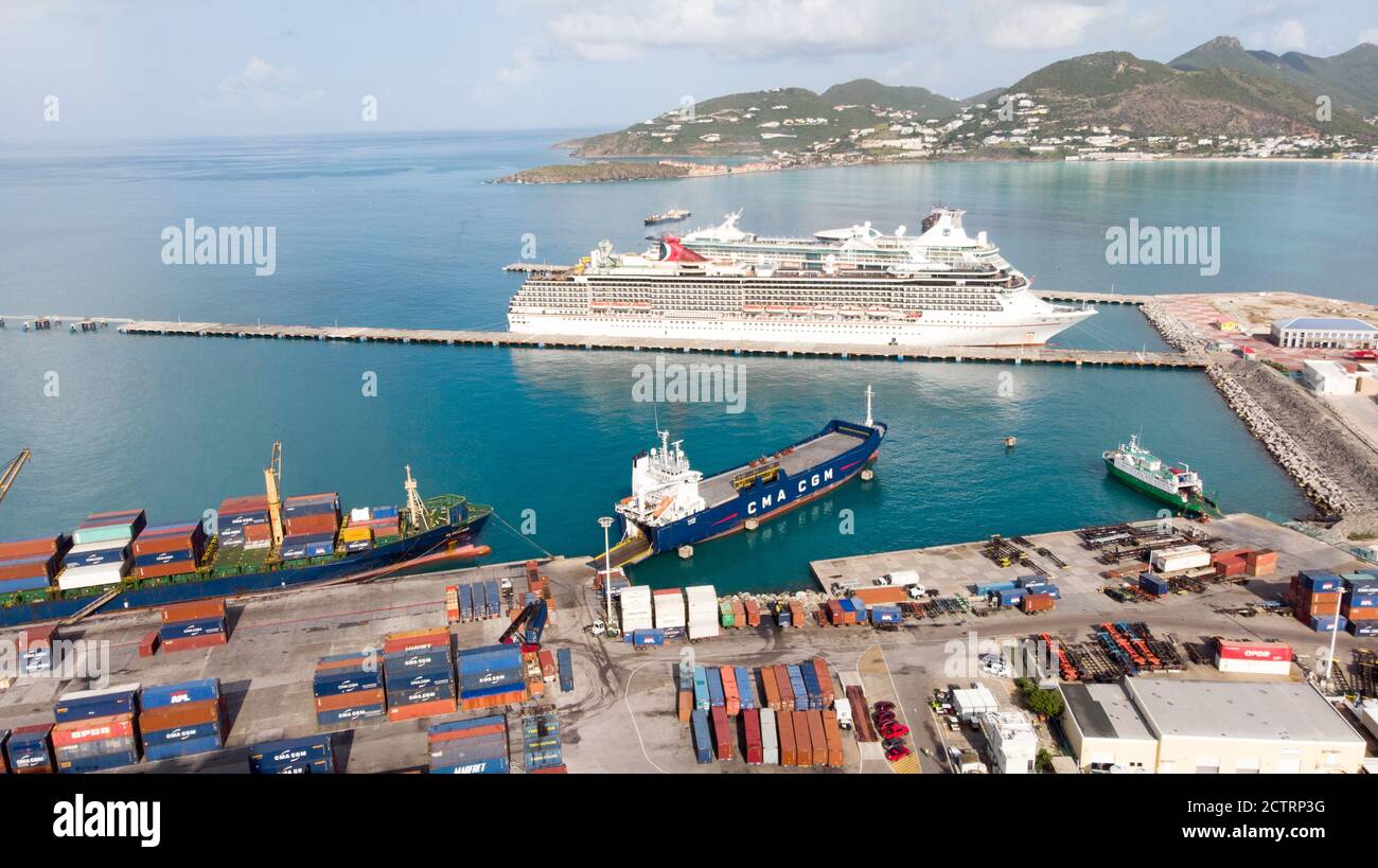 Aerial view of St.maarten cruise and shipping facility. Aerial view of ...