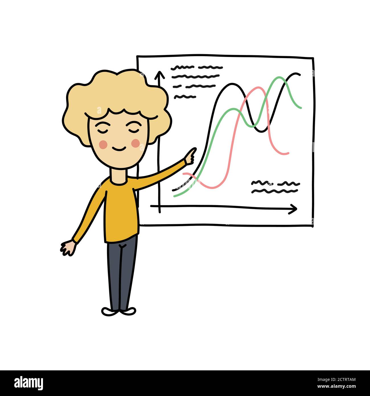 person pointing at a board with graphs doodle icon, vector illustration ...
