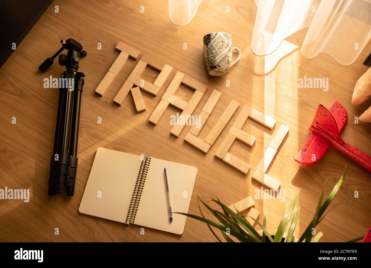 Travel objects flat lay top view on white wooden with copy space for ...