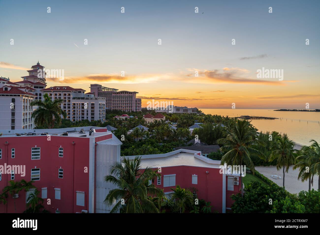 View of the tourist area in Cable Bay during sunset (Nassau, Bahamas ...